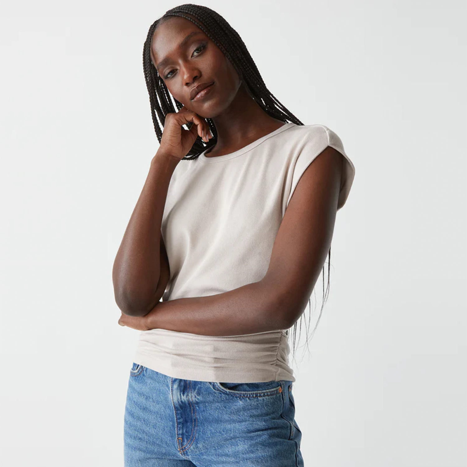 Joni Crew Neck Power Shoulder Top – DLM Supply